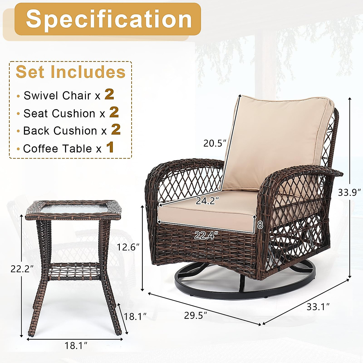 VINGLI 3 Pieces Outdoor Swivel Chairs Set of 2 and Side Table, Wicker Outdoor Rocking Chair Patio Swivel Chairs Outdoor Furniture Set for Porch Deck Backyard