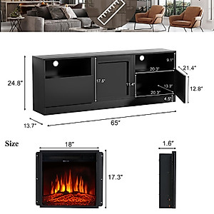 oneinmil Fireplace TV Stand for 75'' TV,65 Inch Modern TV Cabinet with 18 Inch Electric Fireplace, Wood Texture Storage Cabinet, Media Entertainment Center,Black