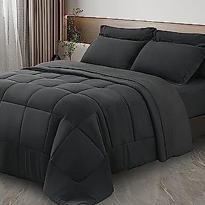 KELTARO King Size Comforter Set with 7 Pieces Bed in a Bag - All Season Bedding Sets with Soft Quilted Warm Fluffy Comforter, Flat Sheet, Fitted Sheet,2 Pillow Shams and 2 Pillowcases,Dark Grey