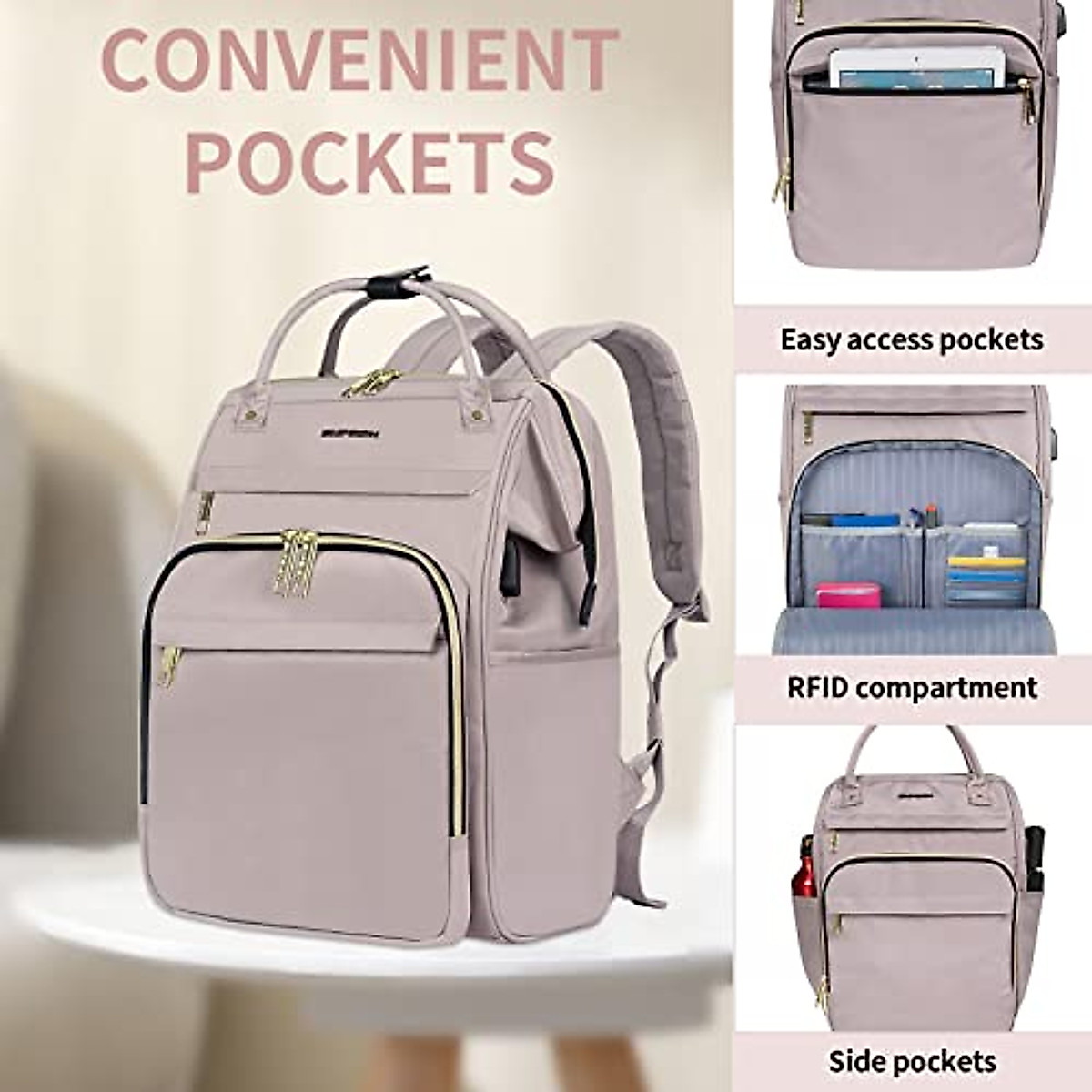 EMPSIGN Laptop Backpack for Women 15.6 Inch Travel Work Backpack, 35L Waterproof Backpack Pures with USB Port &amp; RFID Blocking, Largre Capacity Casual College Backpack, Grey Pink