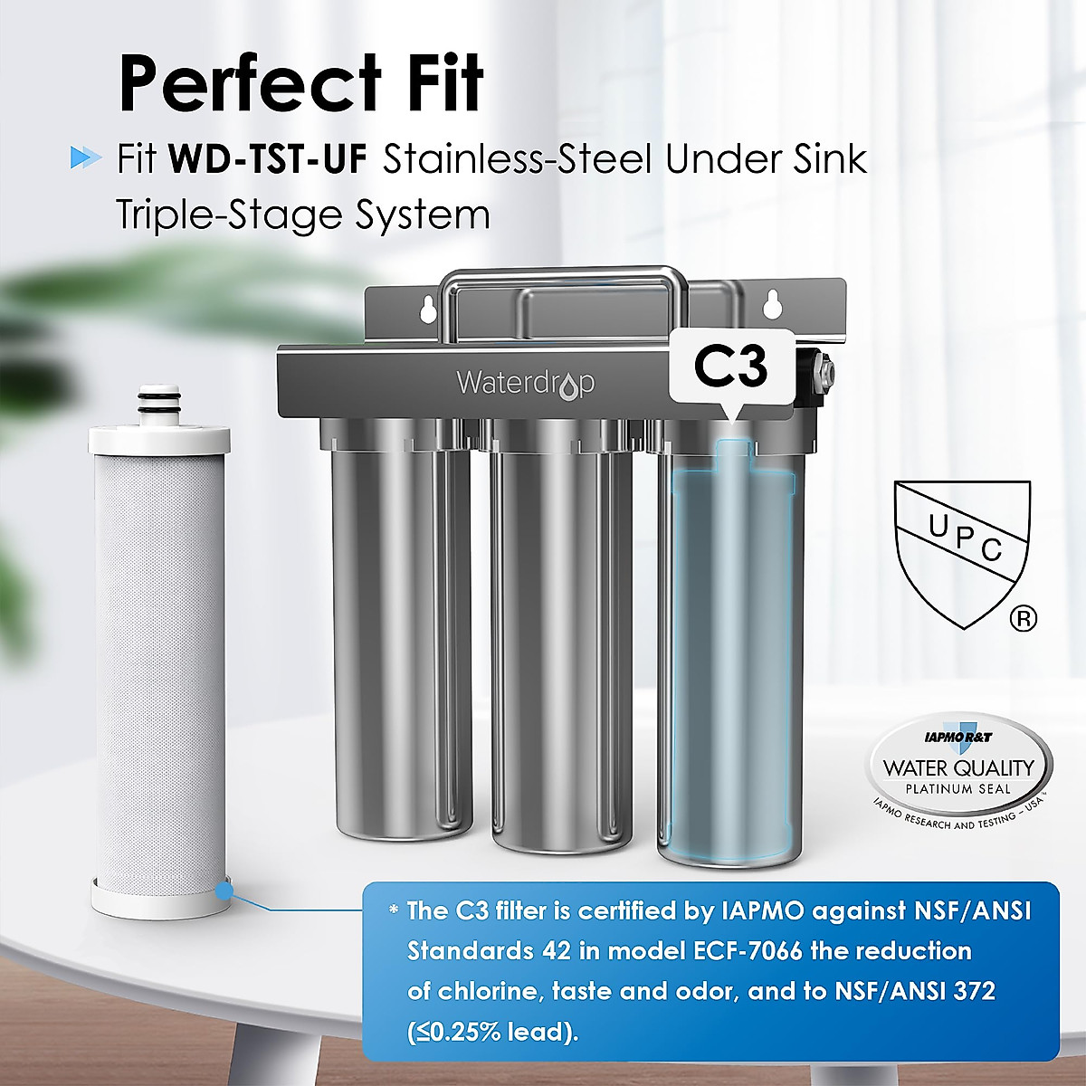Waterdrop C3 Under Sink Carbon Water Filter, Replacement for TST-UF Ultra-Filtration Under Sink Water Filter System, 1 Pack