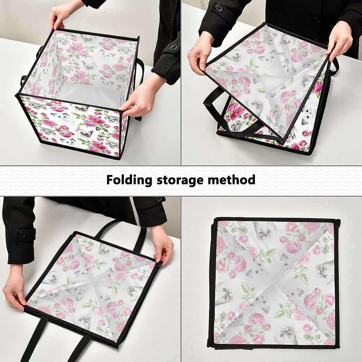 Roses Cats Storage Bin Collapsible Toy Storage Basket Cube Laundry Basket Waterproof Nursery Hamper with Handles for Nursery Kids Girls Bedroom Boys Clothes Laundry Decor