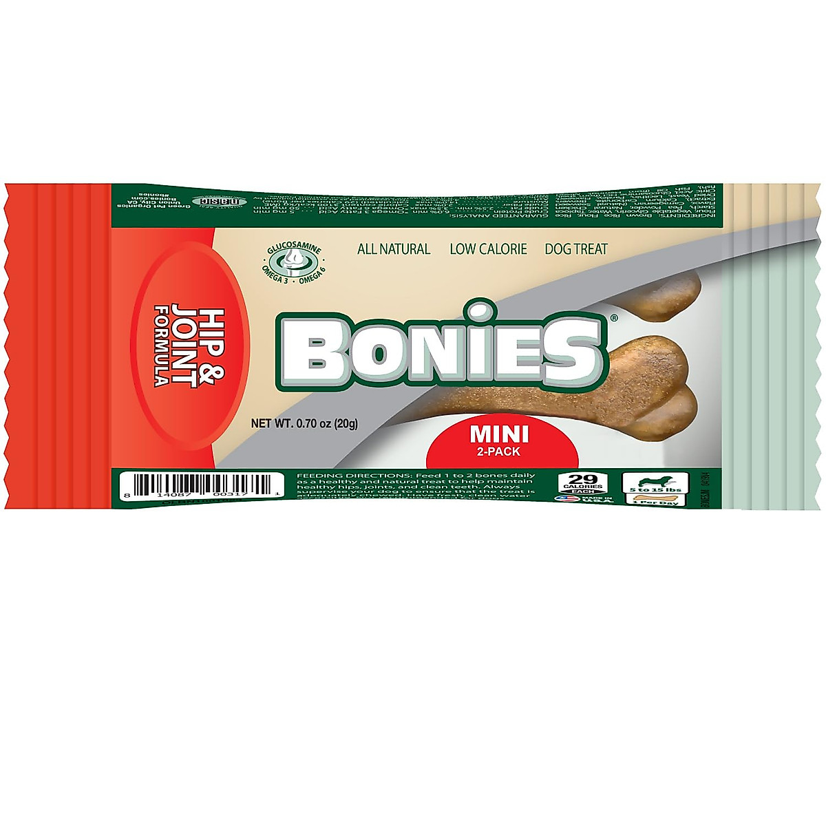 Bonies Natural Hip & Joint Formula Minis-Sized Single Bone, Glucosamine & Omega Fatty Acids, Fresh Breath, Clean Teeth, Low Calories, Chicken Flavor, Minis, 2 Bone Pack