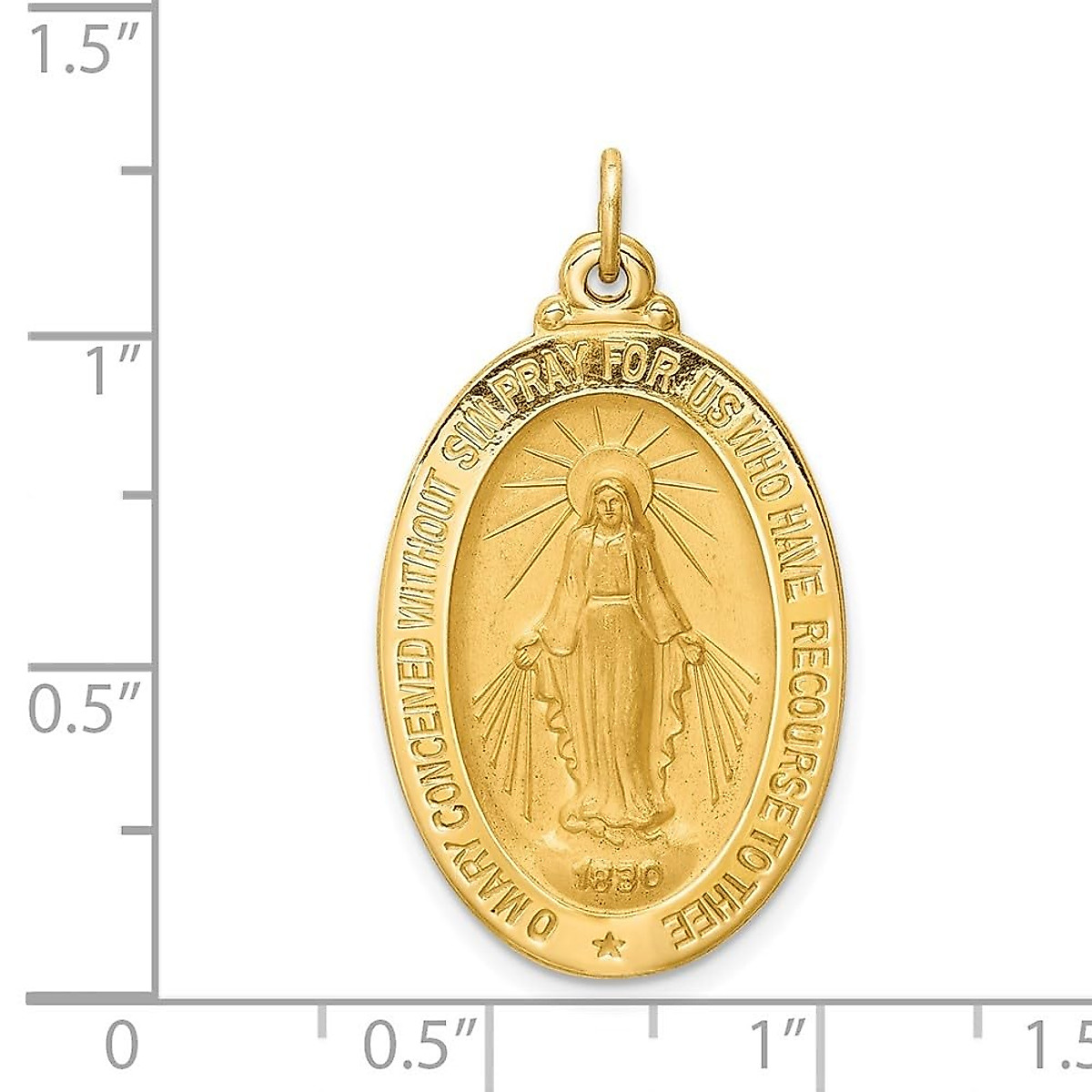 14k Yellow Gold Satin Medium Oval Miraculous Medal Fine Jewelry for Women (L- 32.5 mm W- 18.5 mm)
