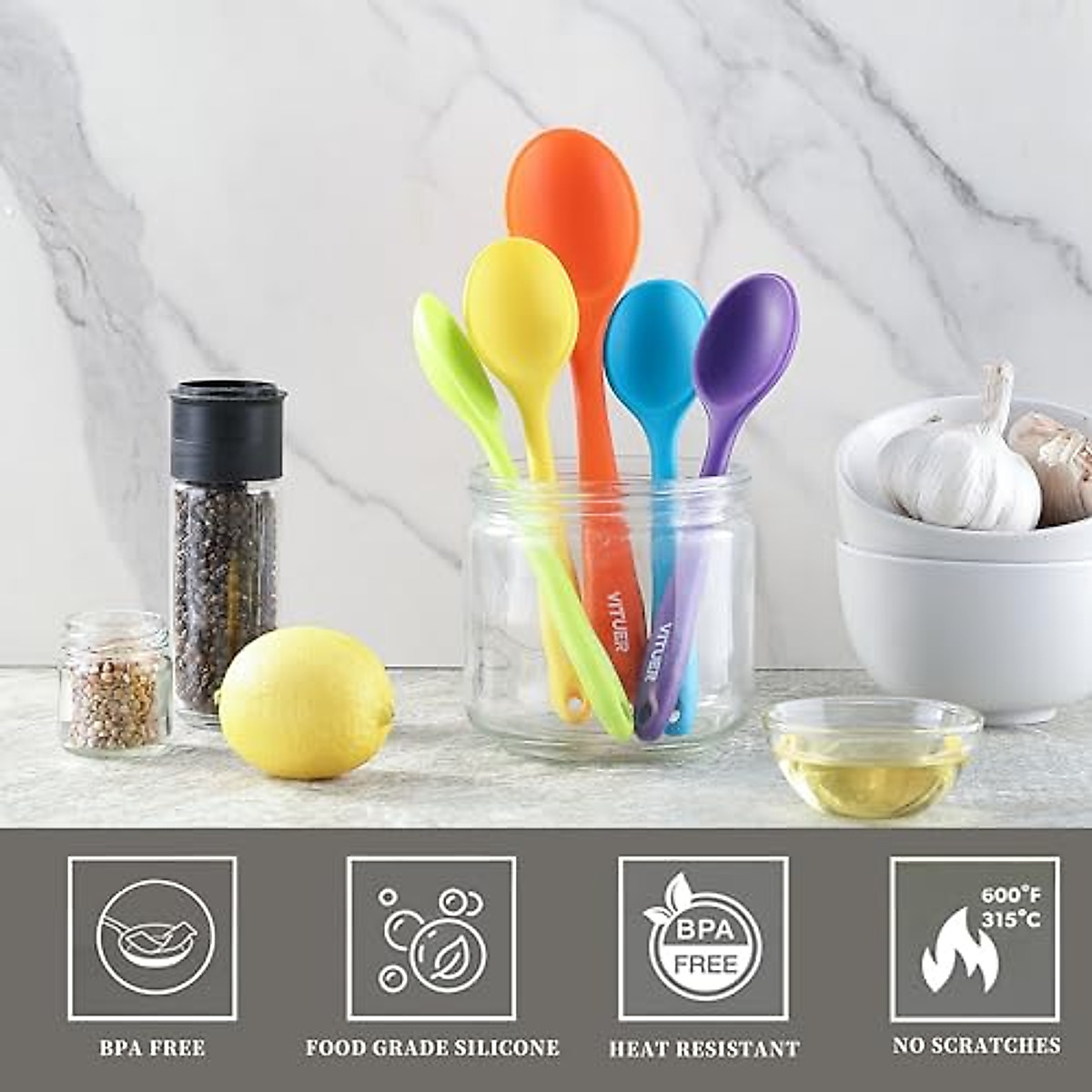 5PCS Silicone Serving Spoons Set, Vituer Heat Resistant Kitchen Spoons for Cooking, Mixing, Stirring and Serving, Dishwasher Safe (5 Pack, Multicolor)