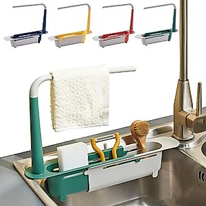 weiwie Tropimart Telescopic Sink Shelf - Adjustable Sink Storage Rack, Drainer Sink Tray Sponge Soap Holder, Adjustable Length 2-in-1 Sink Organizer, Telescopic Sink Storage Rack (Blue)