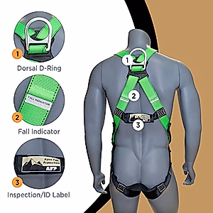 AFP Universal Full-Body Fall Protection Safety Harness w/Dorsal D-Ring Tongue Buckle Legs Hi-Viz Green, Shock Absorbing Lanyard (OSHA/ANSI Rated) (1 Pack, Harness + Single Leg Lanyard w/Snap Hooks)