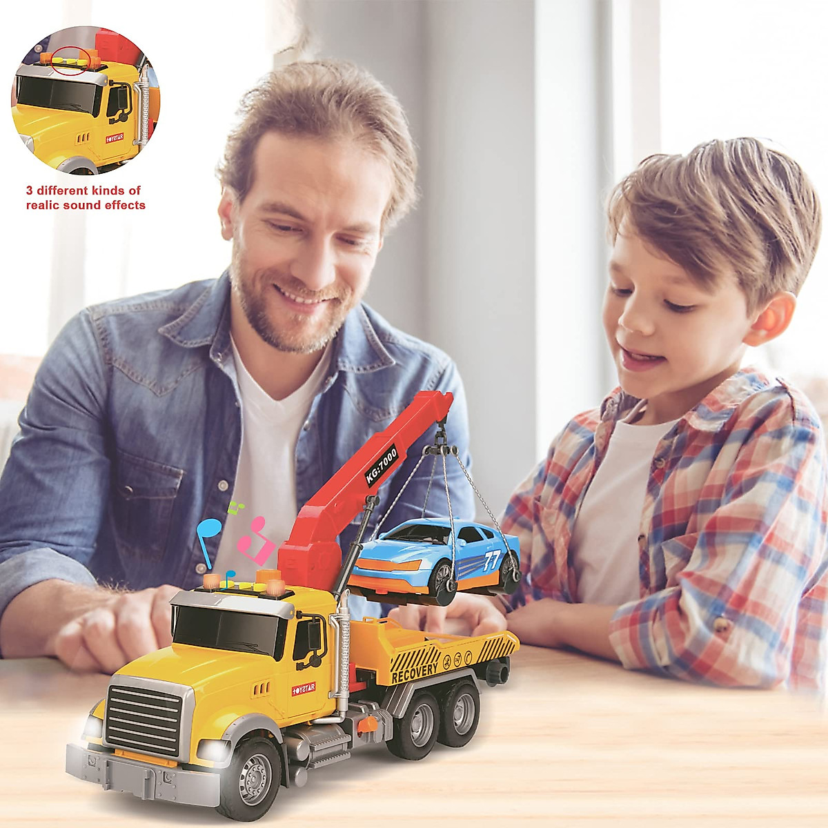 haomsj Big Tow Trucks Toy Trucks with Hook and Car for Boys Pull Back Truck Toys with Light and Sound for Kids (1:18 Plastic Tow Truck)