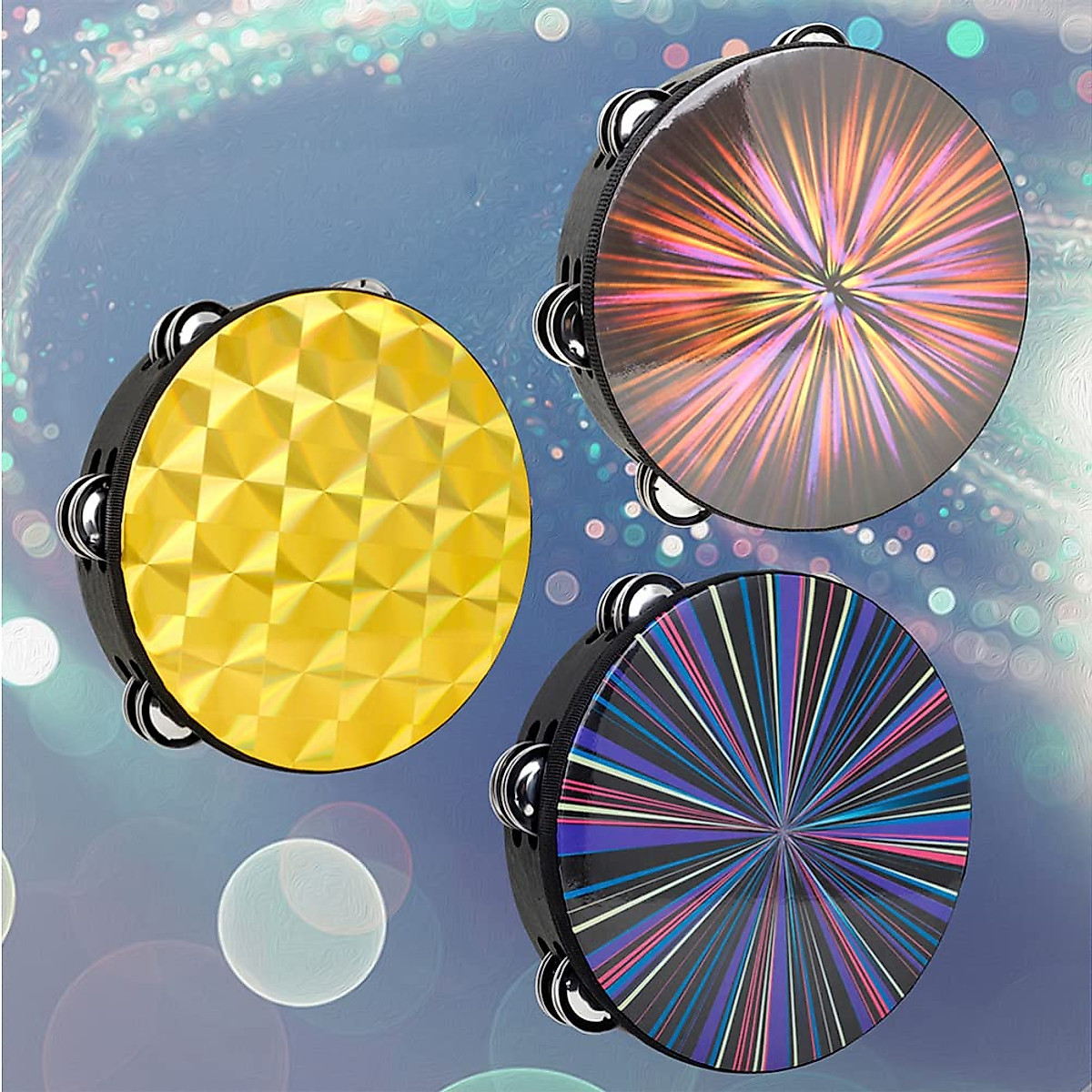 Radiant Tambourine Handheld Drum Bell: Double Row Tambourines 8 Inch Musical Instrument Reflective Hand Drum for Church KTV Party Silver