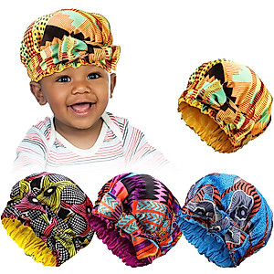 4 Pieces Kids Silk Bonnet Sleep Cap Adjustable Sleeping Cap Satin Hair Bonnet Hat Flower Night Hat Bonnet with Ties for Hair Teens Toddler Child Baby Infant (African Print) Multicoloured