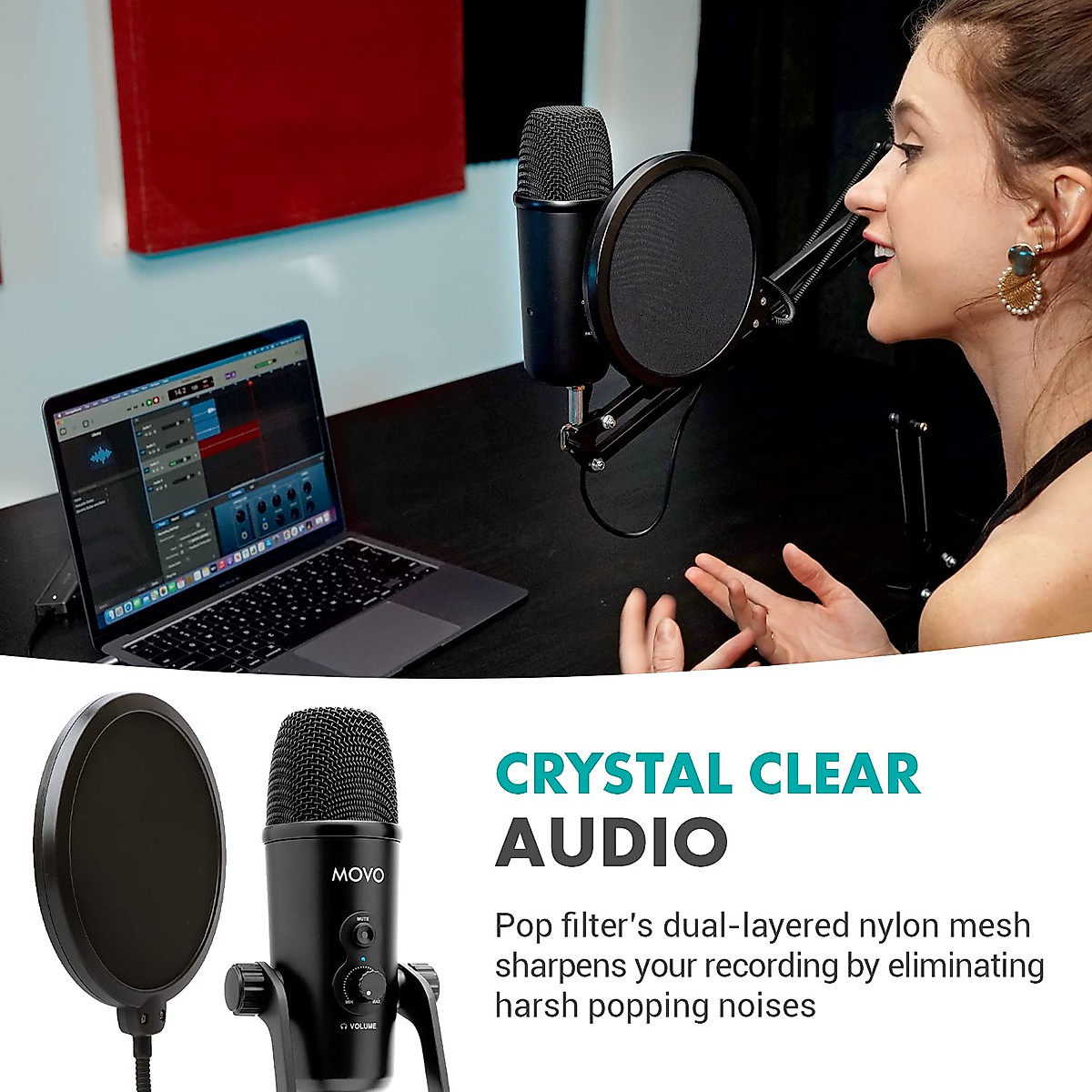 Movo Desktop USB Microphone for Computer with Microphone Boom Arm, Pop-filter, and 4 Pickup Patterns - Adjustable Mic Boom Arm - Perfect for Podcast Microphone, Streaming Microphone, Gaming Microphone