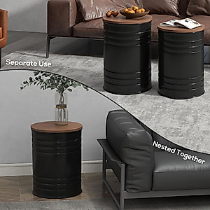 HOMCOM Nesting End Table Set of 2, Round Storage Ottoman Stool with Removable Wood Lid, Metal Frame & Hidden Space, Farmhouse Side Table for Living Room, Black