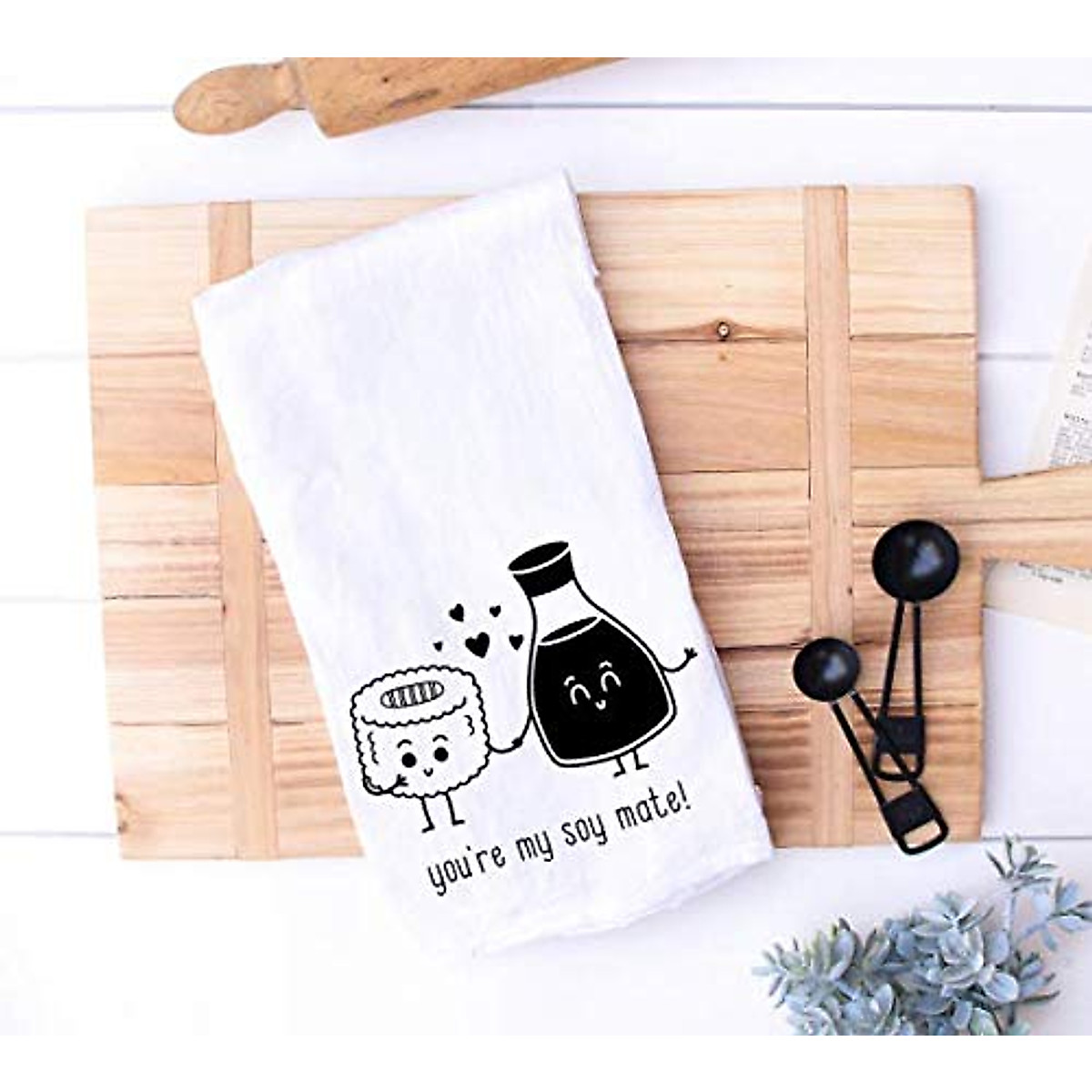 Handmade Funny Kitchen Towel - 100% Cotton Funny Hand Towel for Sushi Lovers - 28x28 Inch Perfect for Chef Housewarming Christmas Mother's Day Birthday Gift (You are My Soy Mate)