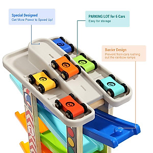 TOP BRIGHT Toddler Toys Race Track for 2 Years Old Boy Gifts - Baby Car Toy Car Ramp Vehicle Playsets with 4 Wooden Cars & Garage