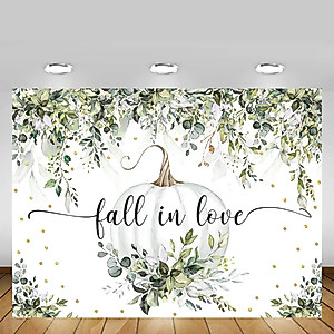 MEHOFOND Thanksgiving Fall in Love Bridal Shower Backdrop Eucalyptus Autumn Fall Pumpkin Wedding Shower Background for Photography Miss to Mrs Banner Engagement Anniversary Party Decorations 7x5ft