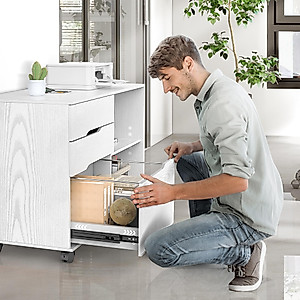 NEWBULIG 3-Drawer Mobile Cabinet,Wood Lateral Filing, Printer Stand with Open Adjustable Storage Shelves and Wheels for Home Office,White