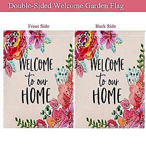 HUGSVIK Burlap Welcome House Flags 28 x 40, Double-sided Welcome to Our Home Garden Flags for Outside, Flower Spring Garden Flags Yard Flags for Spring Summer Holiday Garden Backyard Lawn