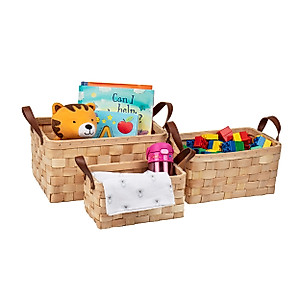 Maison Sucasa Wood Chip Nesting Storage Bin Set, 11, 13, and 16 Lb. (4.9, 5.9 and 7.25 Kg) Capacity, Leather Strap Handles, Home Decor, Set of 3, Brown