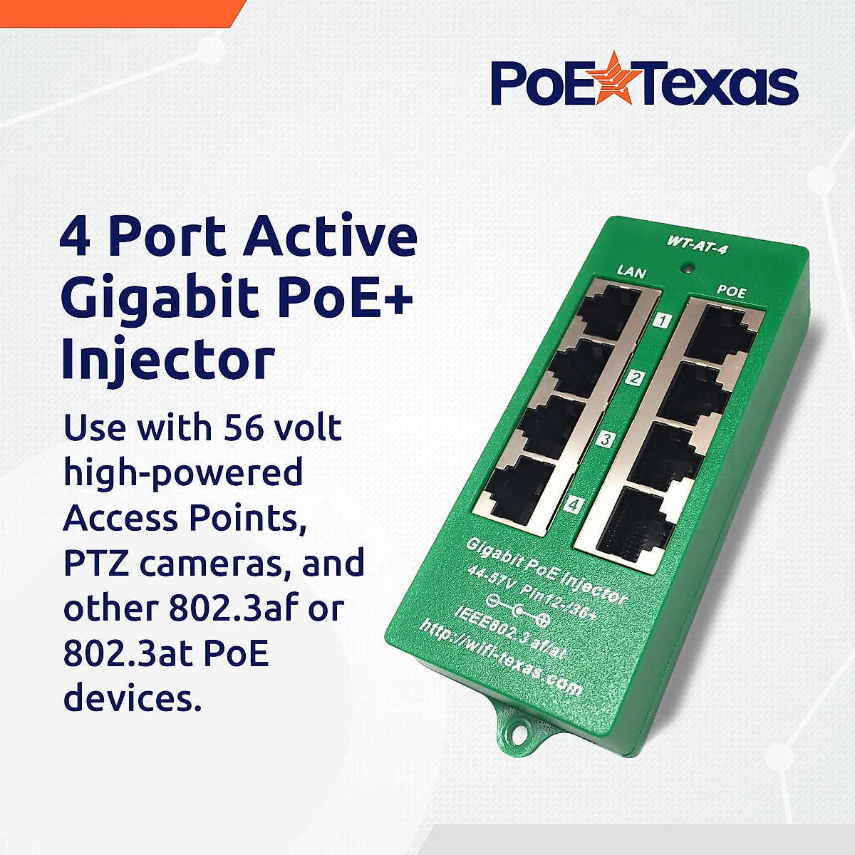 PoE Texas 4 Port PoE/PoE+ Injector with 56V 60W Power Supply - Gigabit Injector - Active Mode A Power Over Ethernet Multi Port PoE Adapter - Supports 4 PoE (802.3af or at) up to 60 watts