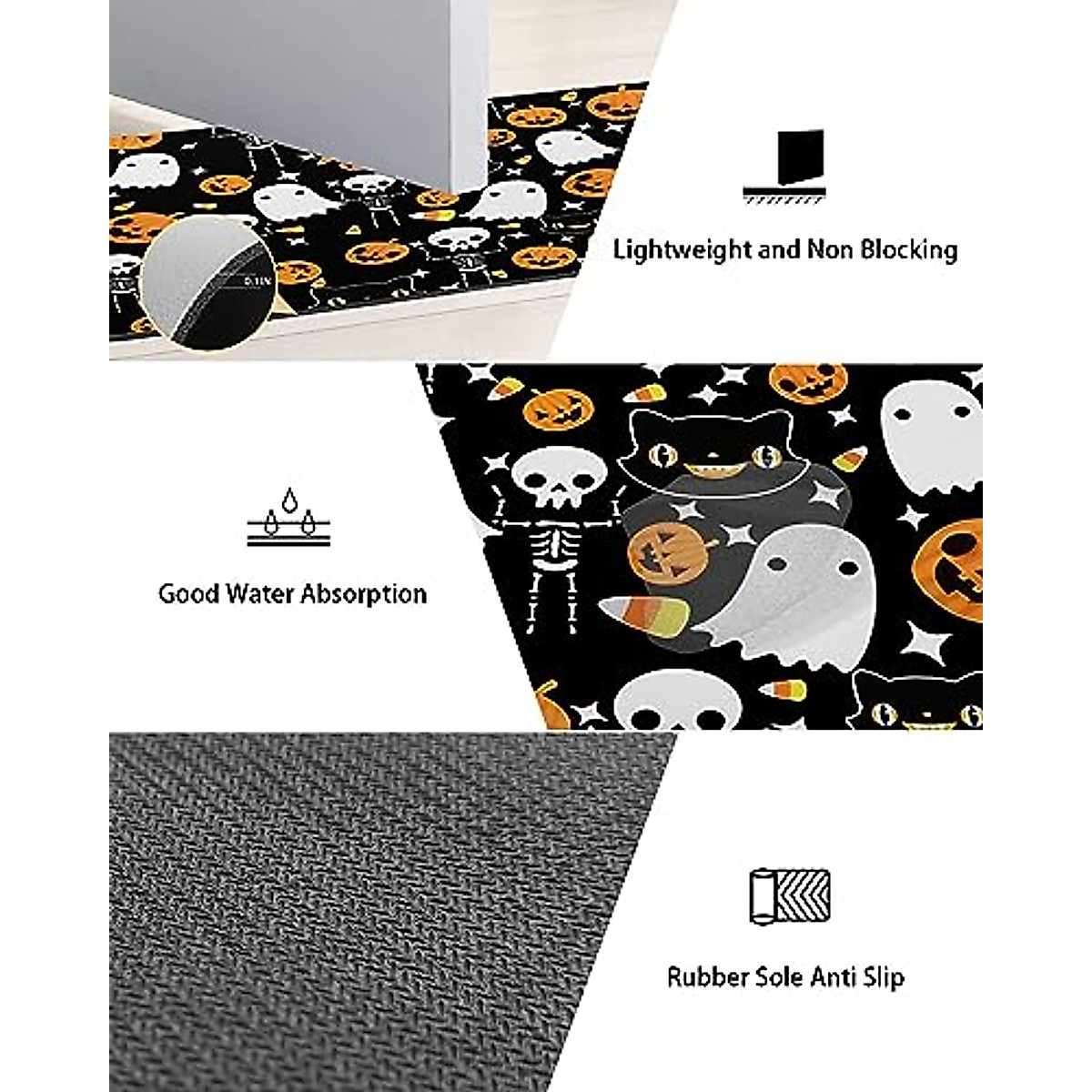 Black Halloween Bath Mat for Tub,Non Slip Bathroom Floor Runner Rug Quick Dry & Absorbent Diatomaceous Earth Shower Sink Kitchen Washable Doormat,Spooky Pumpkin Ghost Skull Cat Horror 18x30+18x48