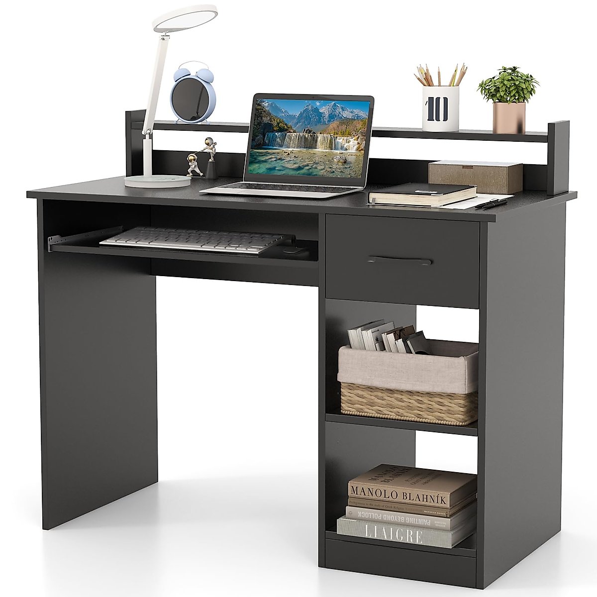 HAPPYGRILL Computer Desk with Monitor Stand, Home PC Office Desk with Keyboard Tray, Drawer & CPU Stand, Study Writing Desk Home Workstation Desk with Display Shelf
