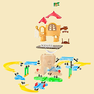 deAO Tree House Playset, Train Set Car Track Toys for Toddlers, DIY Forest Friends Pretend Playhouse with 2 Dolls Toy Figures,Train,Car Tracks,Swing,Sound & Light Function Toy House for 3+ Boys Girl