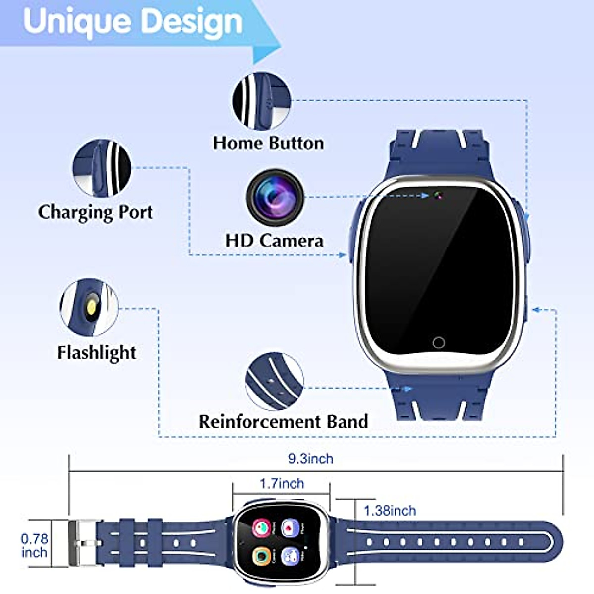 Kids Smart Watch Girls Boys - Smart Watch Kids Smartwatches for 4-12 Years Old with 26 Games Camera Music Player Video 12/24 hr Pedometer Alarm Clock Flashlight Birthday Gift for Kids Toys (Blue)