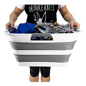 SAMMART 30L (8 gallons) Collapsible Plastic Laundry Washing Tub/Basket - Portable Laundry Hamper/Storage Container Foldable Laundry Basket - Space Saving (White/Steel Grey)