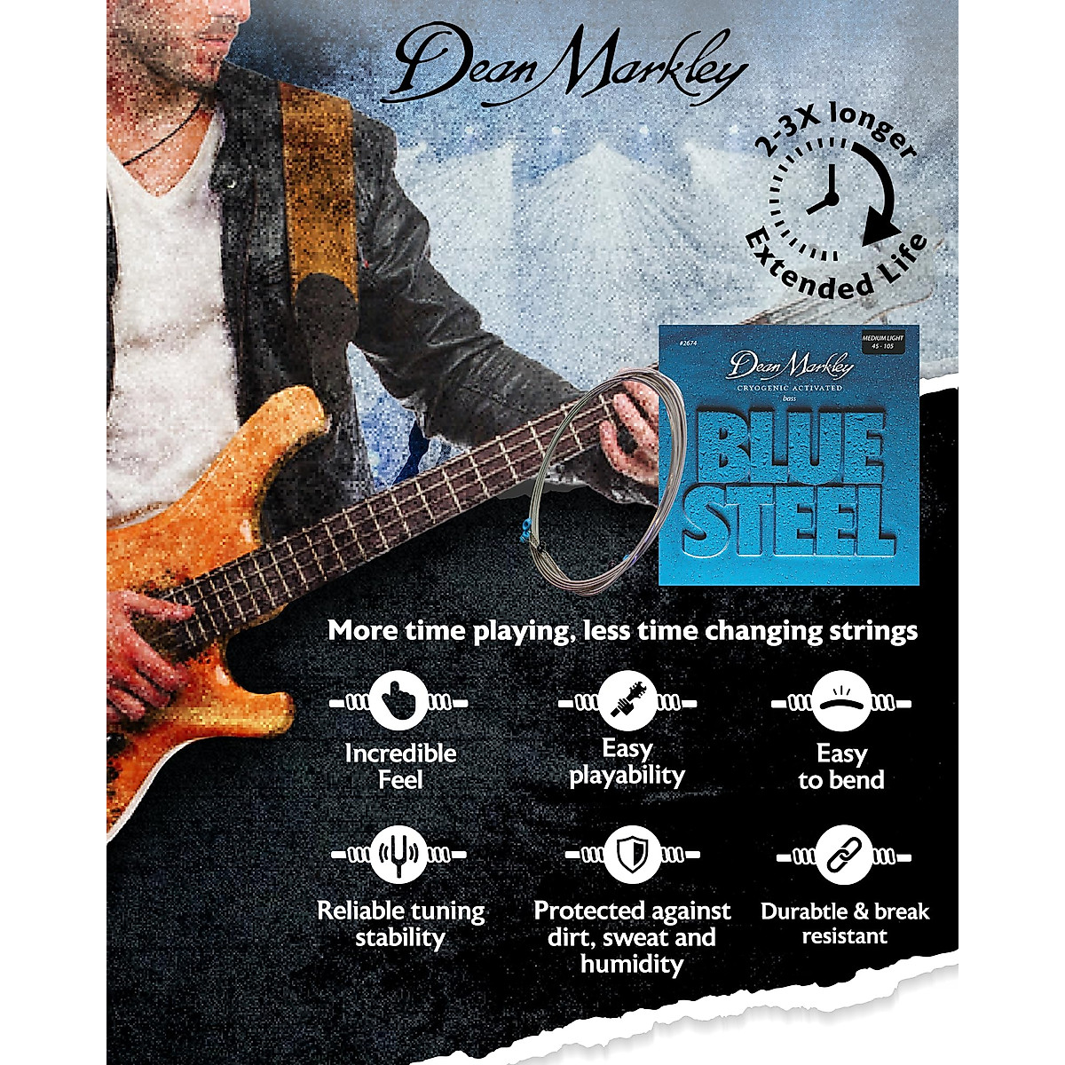 Dean Markley Electric Bass Guitar Strings 2674 Blue Steel Electric Long Scale 45-105 Medium Light Gauge, Cryogenically Processed for Longer Life