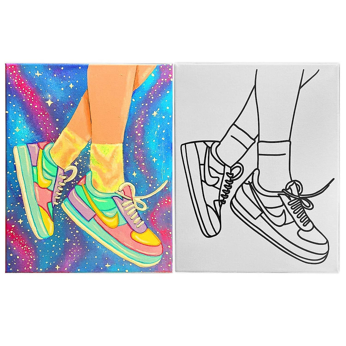 2 PACK Canvas Painting Kit Bundle | Pre Drawn Stretched Canvas Kit | Adult Sip and Paint Party Favor | Party Date Night (Jordan Sneakers Air Retro & Love Couples, Sneakers#1 & #2 (8x10 Inches)