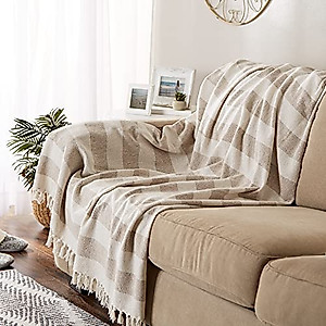 DII Rustic Farmhouse Cotton Cabana Striped Blanket Throw with Fringe, 50 x 60 - Cabana Striped Stone