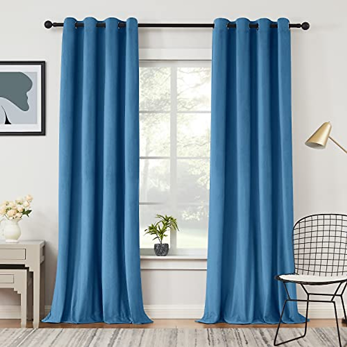 Melodieux Velvet Curtains for Bedroom- Thermal Insulated Room Darkening Soundproof Grommet Thick Geometry Embossed Window Drapes for Living Room, Blue, W52 x L63 inches, Set of 2