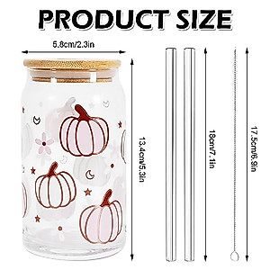 Whaline 2 Pack Fall Drinking Glasses 16oz Pumpkin Flower Star Glass Cup Pink White Pumpkin Iced Coffee Cup with Lid Straw Cleaning Brush for Autumn Thanksgiving Cocktail Whiskey Beer Soda Gifts