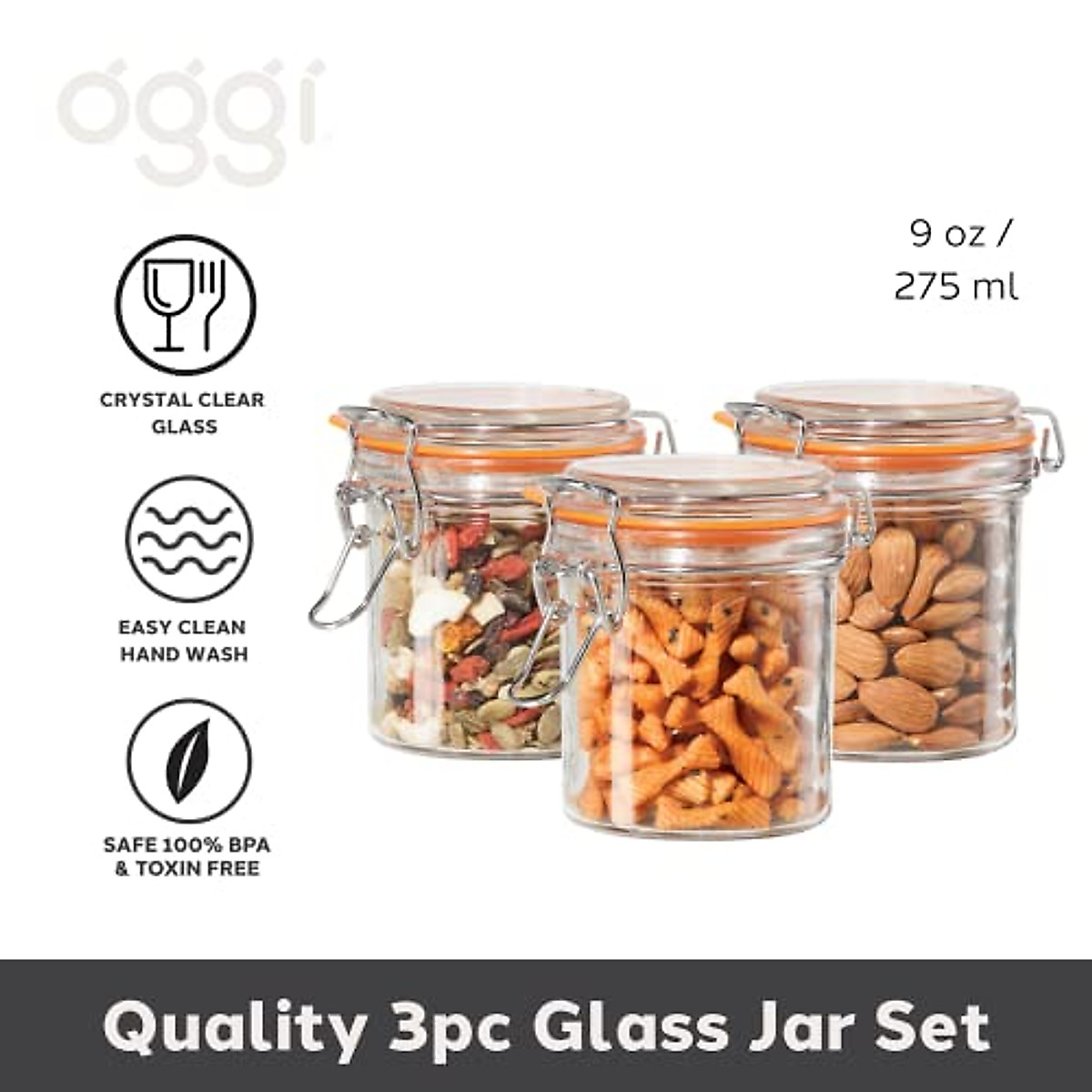 OGGI 3 Piece Airtight Glass Storage Containers Set - 3 Small 9oz Glass Kitchen Canisters with Clamp Lids & Silicone Seals - Farmhouse Kitchen Décor, Kitchen Storage, Pantry Storage, Food Storage