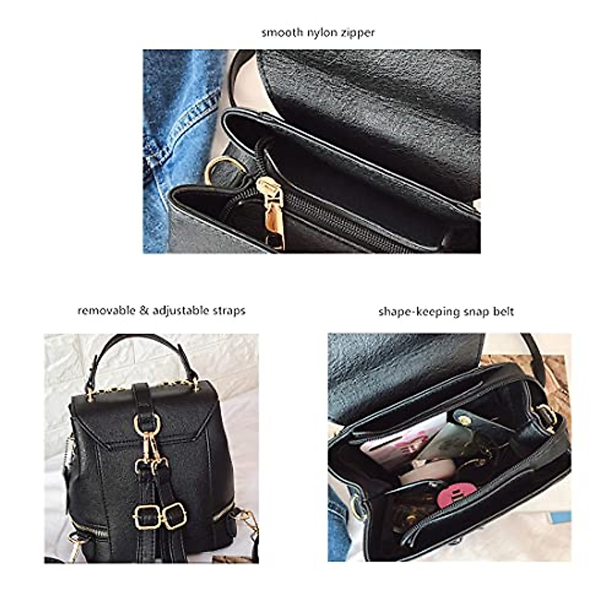 Teanea Rhinestone Studded Leather Flap Backpack Purse Black Crossbody Shoulder Bag for Women Girls, Gold
