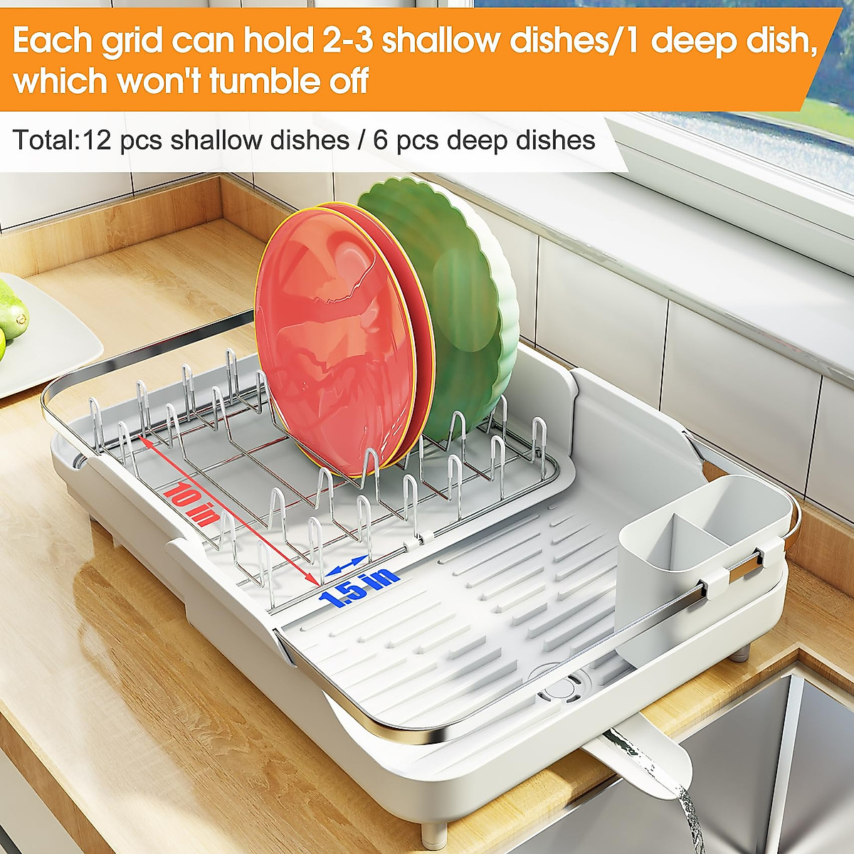 Dish Drying Rack, Stainless Steel Dish Rack and Drainaboard Set, Expandable(11.5"-19.3") Sink Dish Drainer with Cup Holder Utensil Holder for Kitchen Counter