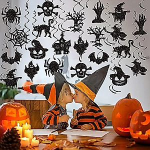 30 Pieces Halloween Hanging Swirls Decorations Halloween Hanging Ceiling Streamers Black Glitter Spooky Hanging Decorations for Halloween Party Haunted House Decor