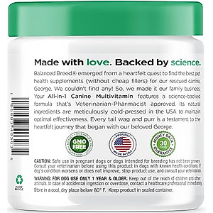 Balanced Breed All-in-1 Dog Vitamins Supplements Made in USA Non-GMO Vet-Pharmacist Approved Dog Multivitamin Probiotics Glucosamine Salmon Oil Skin Coat Supplement Dogs Senior & Adult Immune Support