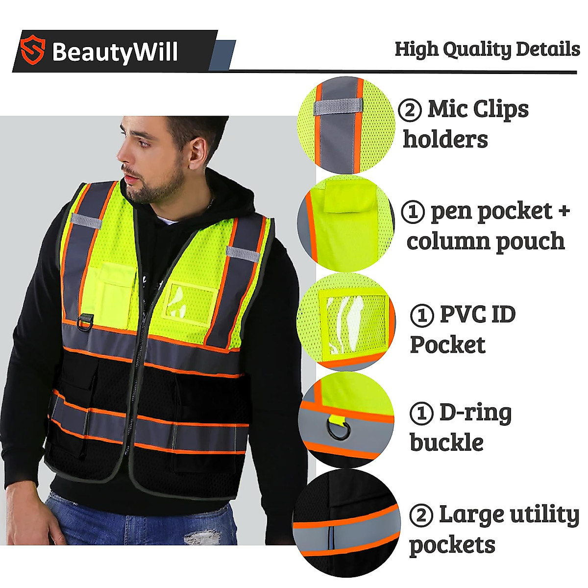 BeautyWill Custom Mesh Safety Vest Customized Logo Class2 High Visibility Reflective Vest with Pockets Construction workwear （Yellow Black，L ）