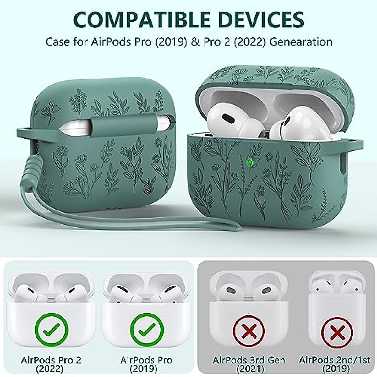 Flower Engraved Case for Apple AirPods Pro 2 Gen,Soft Silicone Protective Case Cover for AirPods Pro 2nd/1st Generation AirPod Case with Clean Kit Carabiner,Lanyard,Front LED Visible,Pine Green