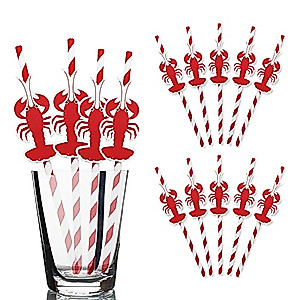 Lobster Paper Straws Decor-24 Pack of Crawfish Birthday Party or Christmas Paper Straws Supplies-Red and White Disposable Striped Paper Decorative Drinking Straws for Seafood Party Decorations