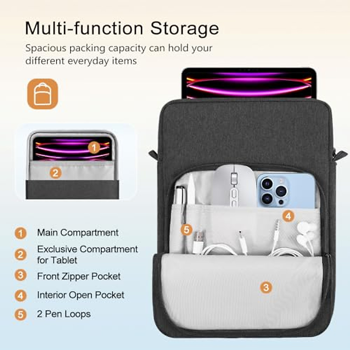 TiMOVO 13 Inch Tablet Sleeve Handbag with Shoulder Strap for iPad Air 13", iPad Pro 13", iPad Pro 12.9", Galaxy Tab S9+/S9 Plus/S10+/S10 Plus/S9 FE+/S9 FE Plus 12.4", Black & Gray