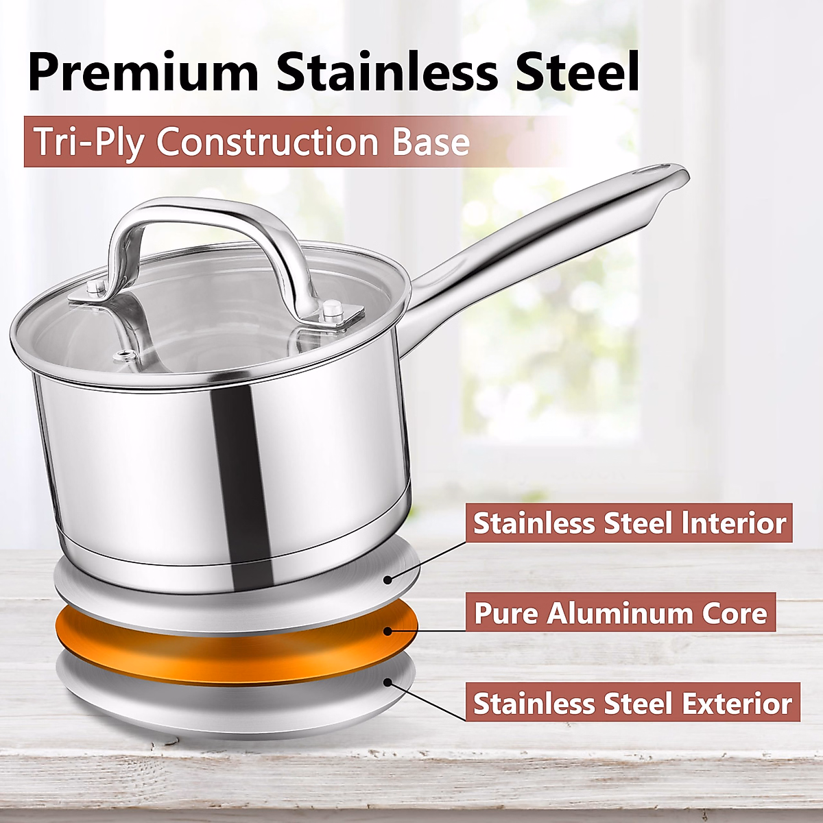 E-far Stainless Steel Saucepan with Lid, 1 Quart Small Sauce Pan Induction Pot for Cooking, Boiling, Compatible with All Stoves, Healthy & Non Toxic, Oven & Dishwasher Safe