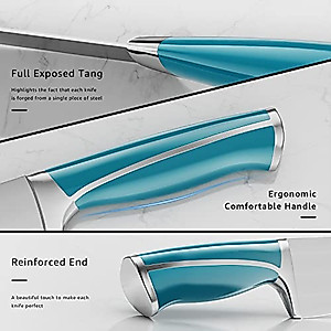 Emojoy Knife Set, 15-Piece Kitchen Knife Set with Block Wooden, Lake Blue Handle for Chef Knife Set, Kitchen Knives Sharpener and Scissors German Stainless Steel