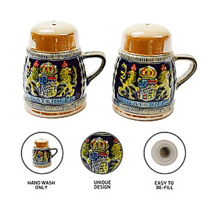 Bayern Crown & Lions Engraved Beer Stein German Kitchen Ceramic Salt and Pepper Shakers Set by E.H.G