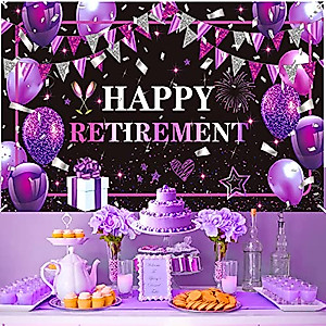 Purple Happy Retirement Banner Decorations Large Purple and Black Retirement Backdrop Sign in Retirement Theme Party Photo Booth Background for Women Men Retirement Office Farewell Party Supplies
