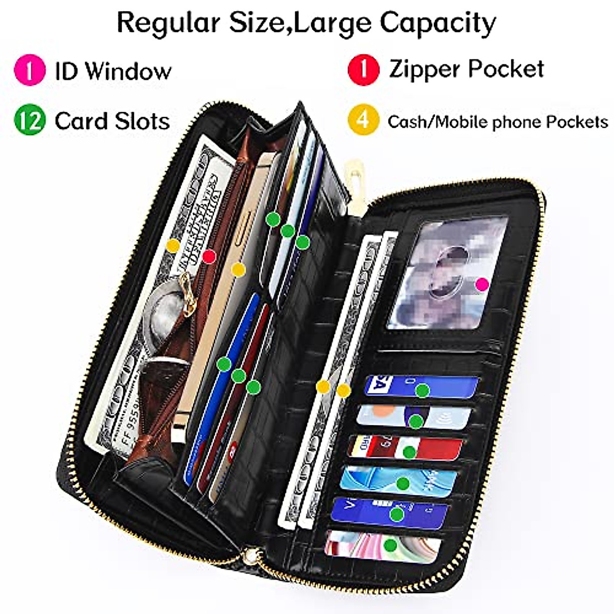 Badiya Womens Wallet RFID Blocking Leather Zip Around Wallet Large Capacity Credit Card Long Purse Clutch Wristlet