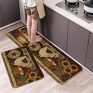 DXSHCG Farmhouse Decorative Kitchen Rugs and Mats Set of 2, Farm Rooster Non-Slip Kitchen Mats,Seasonal Holiday Party Sets Washable Low-Profile Floor Mats - 17x29 and 17x47 Inch