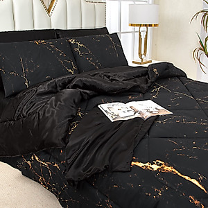 aoaoaoway Black King Marble Comforter Sets, 5 Pieces (1 Quilt + 2 Pillowcases + 2 Silk Pillowcases) Stylish Bedroom Design, Super Soft Silk Microfiber Quilt, All Seasons(Black4,King)