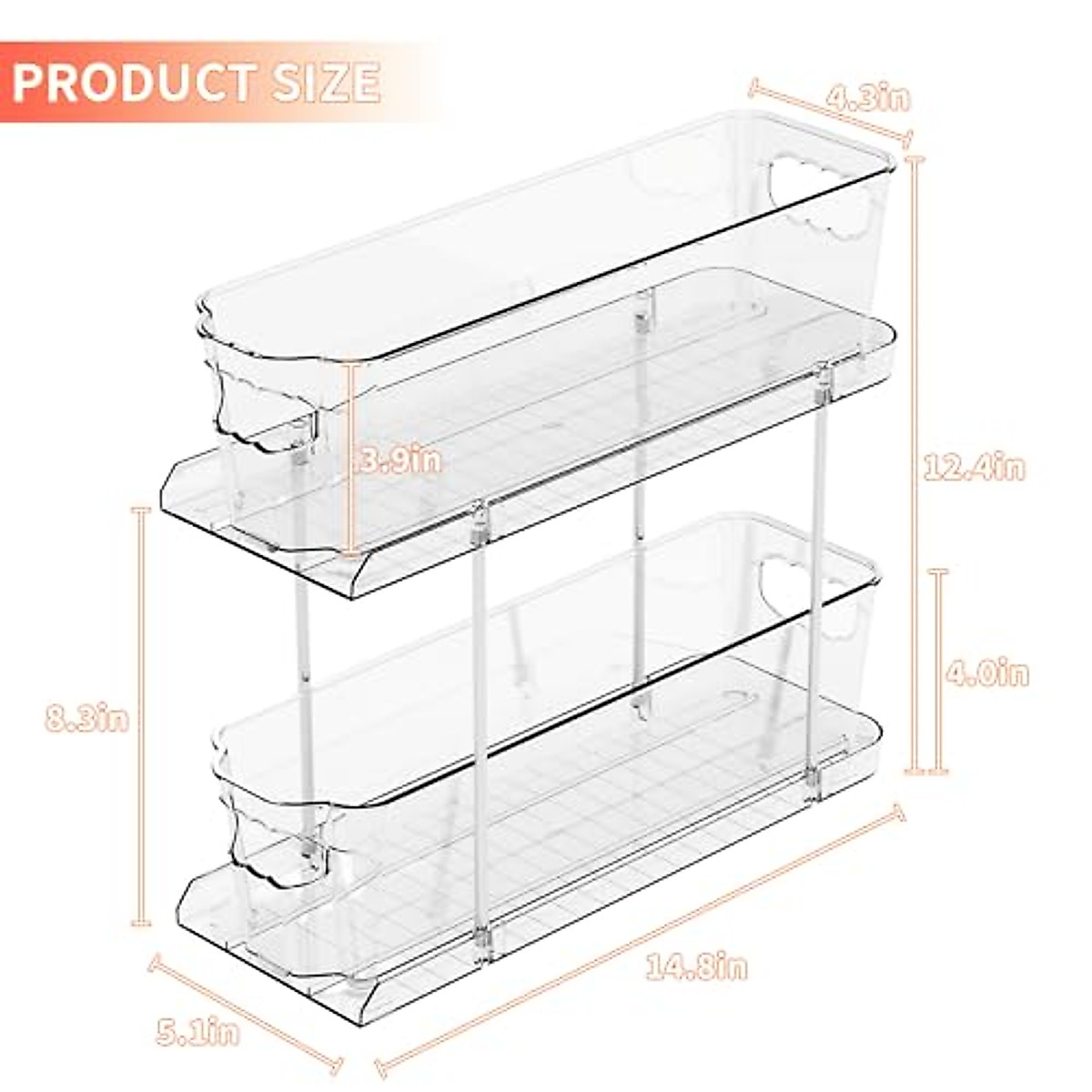 2 Set 2 Tier Bathroom Under Sink Organizers and Storage - 14.8"Deep x 5.1" Width - Suitable as Pantry Drawers Slide Out Shelves,Under Kitchen Sink Organizer,Narrow Pull Out Under Cabinet Organizer